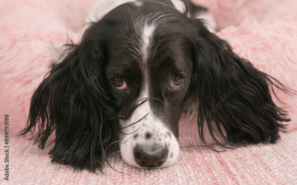sad face springer lying in pink bed - sweet english springer spaniel ...