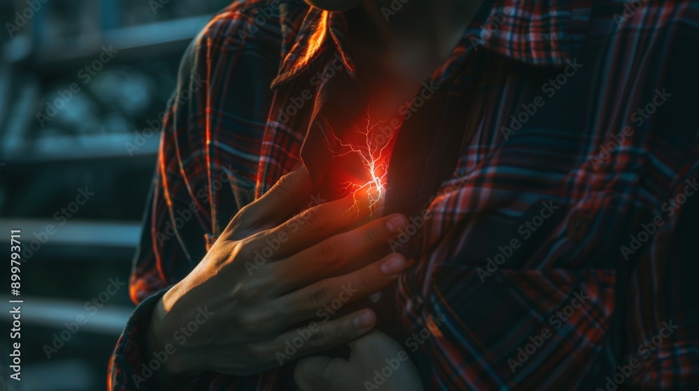 hand hold chest with heart attack symptoms, man have chest pain caused ...