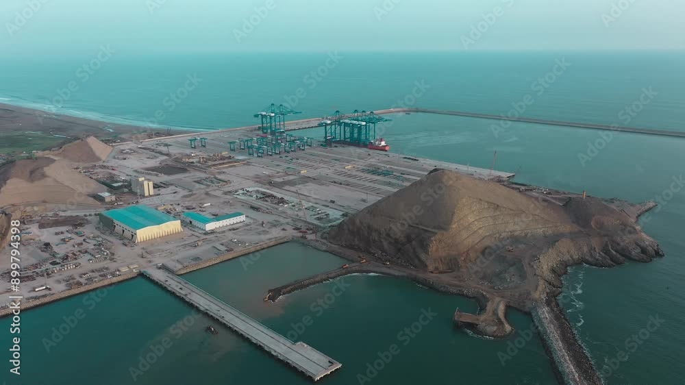 Top view of Chancay Mega seaport. Located in Peru, under construction ...