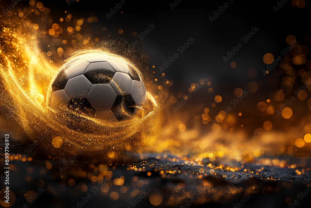 Soccer ball glow with golden sparkle energy light dynamic sports motion ...
