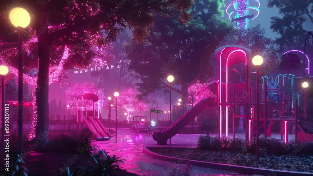 Neon-lit synthwave park with glowing trees and retro-futuristic ...