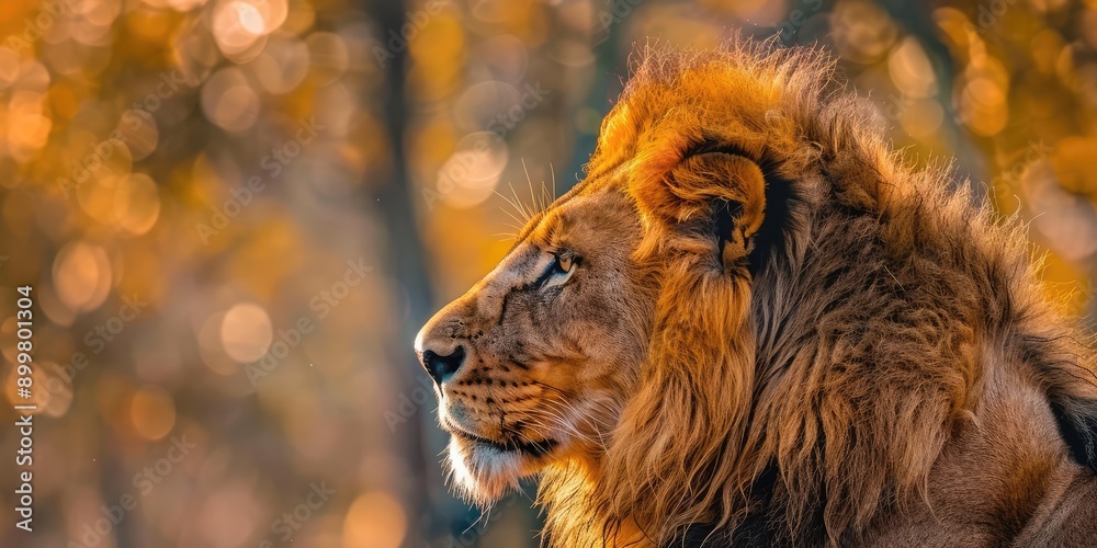 Profile portrait of a lion on a nature background. The generation of AI ...