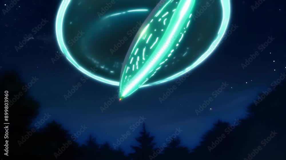 An animated UFO cruises through a starry night sky above a dark forest ...