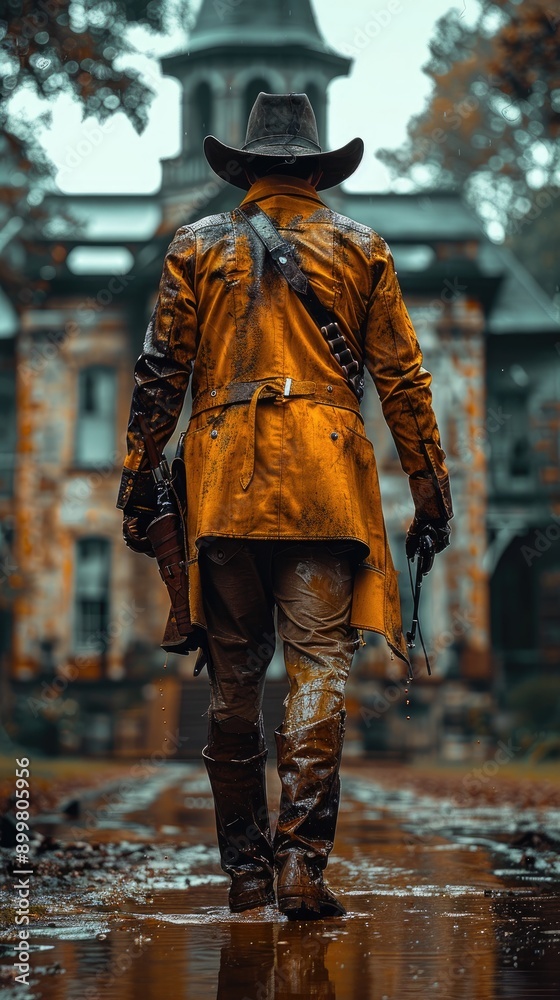 Western movie shot, front view of a cowboy ready to do a duel in middle ...