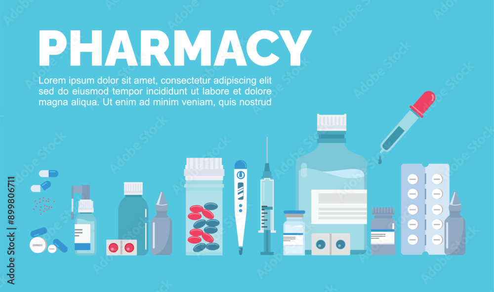Pharmacy medical concept. Flu, cough, cold medicine syrup, nasal spray ...