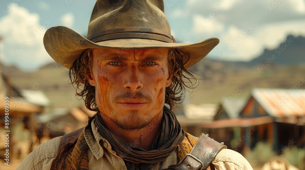 Western movie shot, front view of a cowboy ready to do a duel in middle ...