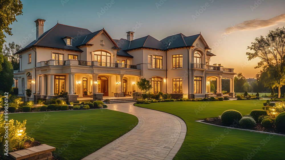 Beautiful modern farmhouse style luxury home exterior at twilight ...