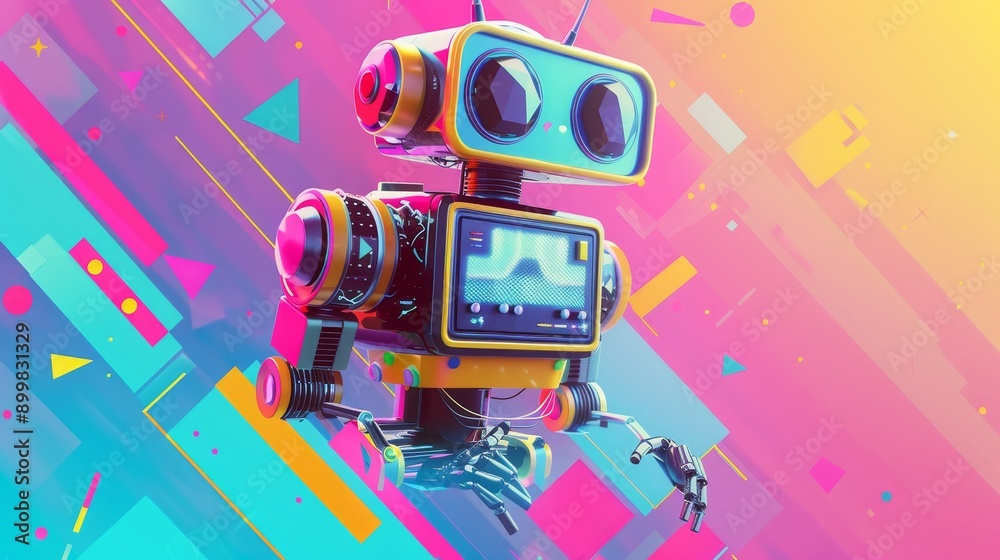 A retro-style robot with a television screen for a head, standing in a ...