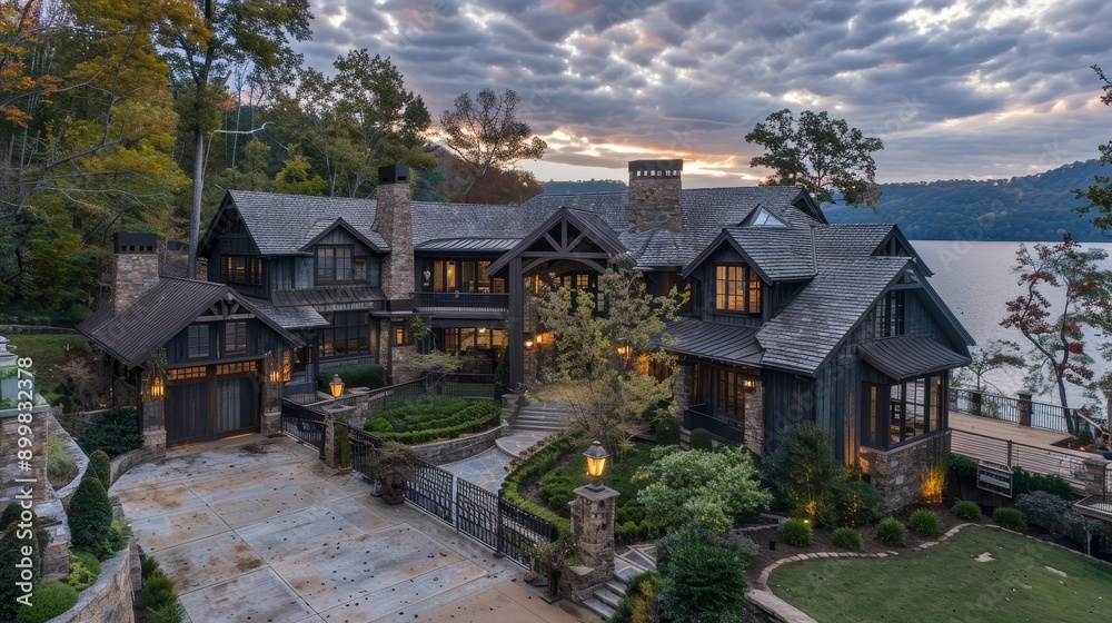 A sprawling lakefront estate with a modern rustic design, featuring a ...