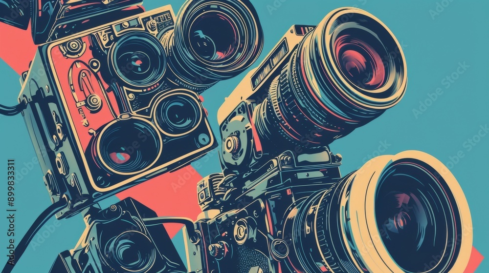 A pop art style illustration featuring vintage cameras in a dynamic and ...