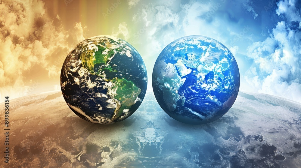 Two globes, one in blue and one in green, symbolize climate change and ...