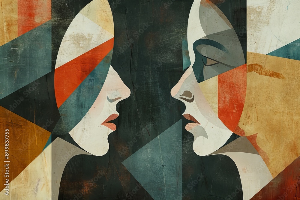Two women's faces are shown in a painting, with one woman's face being ...