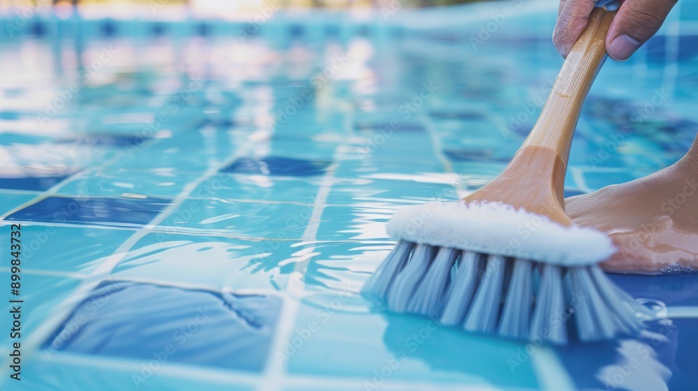 Caucasian person with bare feet scrubbing swimming pool tiles using a ...