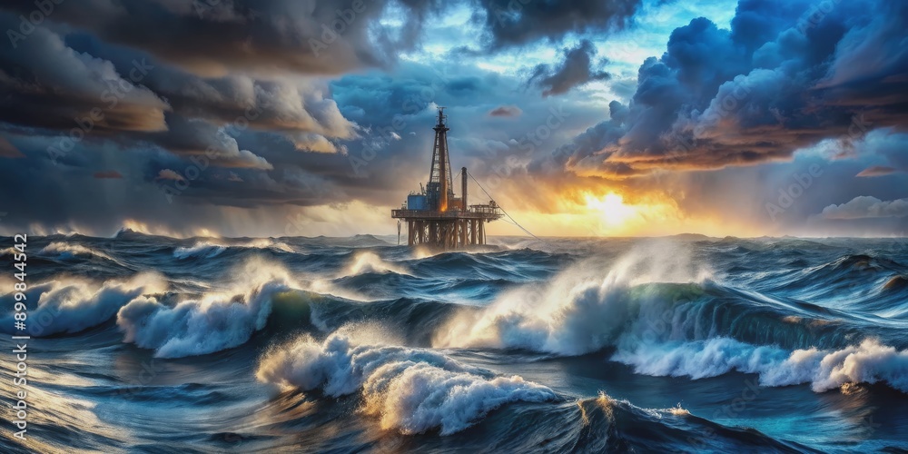 Oil Rig Braving Stormy Seas at Sunset, oil rig, storm, sea, waves Stock ...