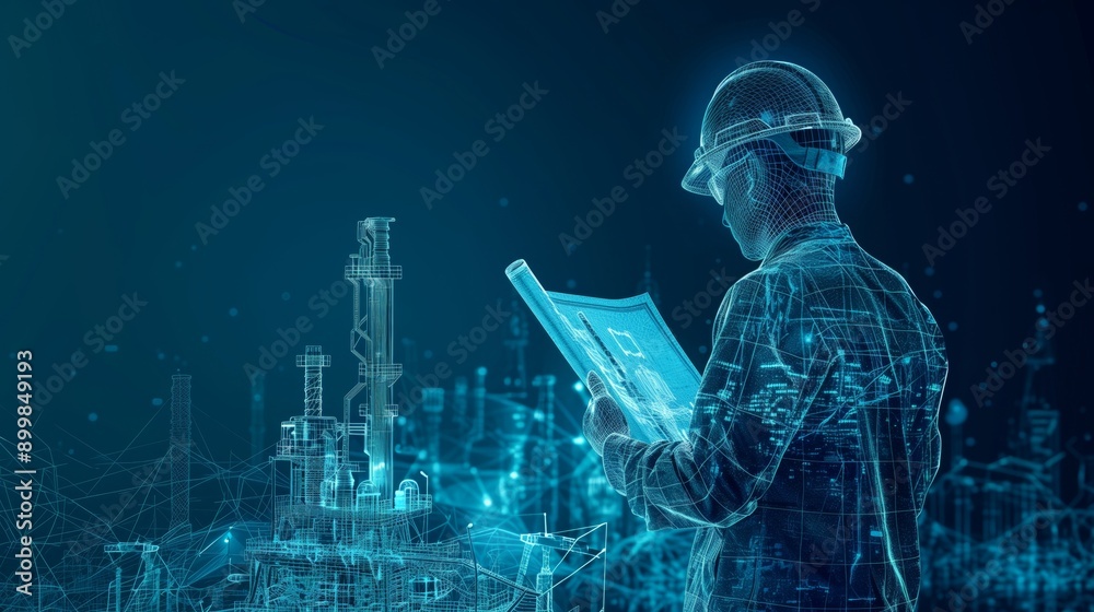 Engineer holding a blueprint looking at gas drilling. Low poly ...