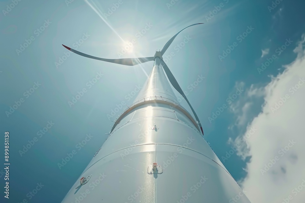 Perspective shot from the base of a wind turbine looking up, creating a ...
