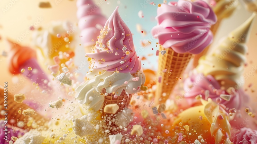 colorful ice cream explosion with many different flavors of ice cream ...
