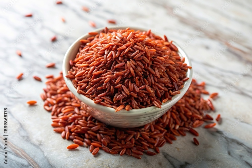 Chamorro red rice with annatto on marble counter at tilted angle ...