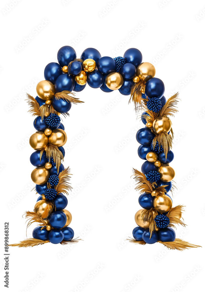 arche d'entrée et d'accueil composée avec des ballons dorés et bleu ...