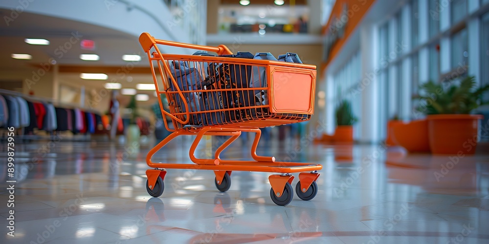Orange shopping cart with a dynamic shape, placed in the bustling ...