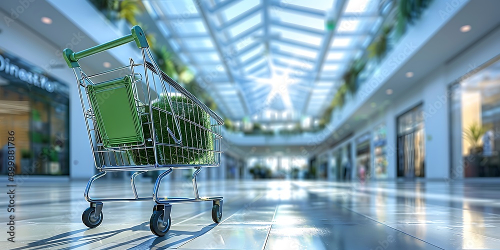 Foto de Green shopping cart with a unique basket, placed under the ...