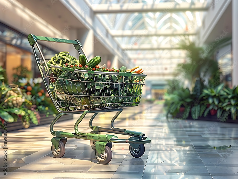 Green shopping cart with eco-friendly materials, positioned under the ...