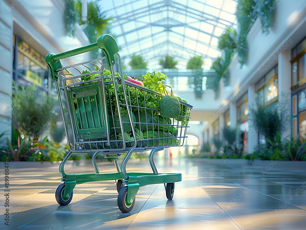 Green shopping cart with eco-friendly materials, positioned under the ...