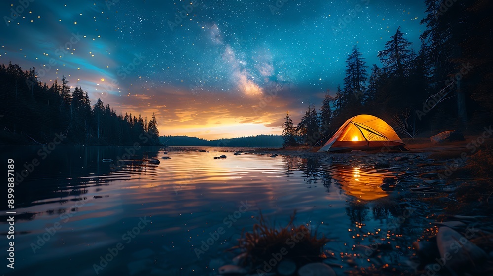 A captivating view of a campsite with a tent and campfire, under a ...