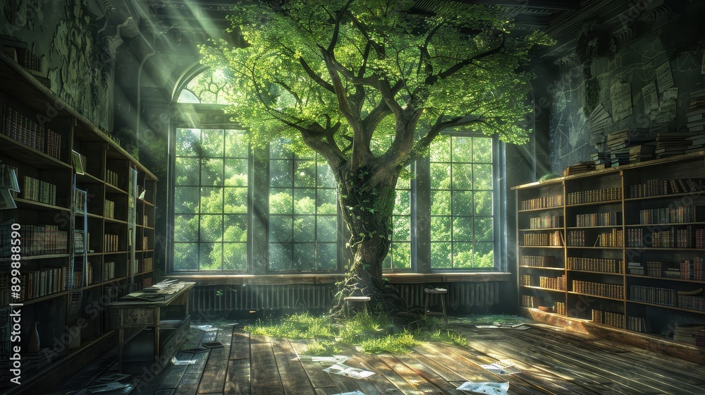 Tree Growing Inside Abandoned Library With Sunlight Streaming Through ...