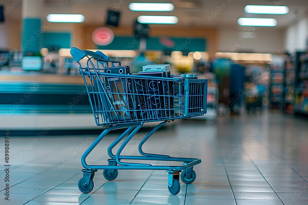 Blue shopping cart with a robust design, near the checkout of a tech ...