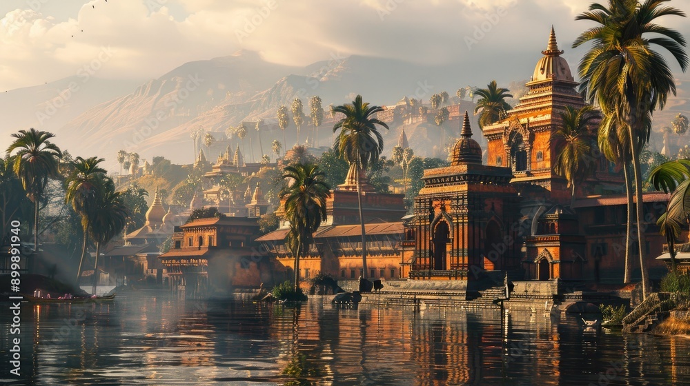 Hieroglyph photo of ancient temple in kathmandu, nepal, with river and ...