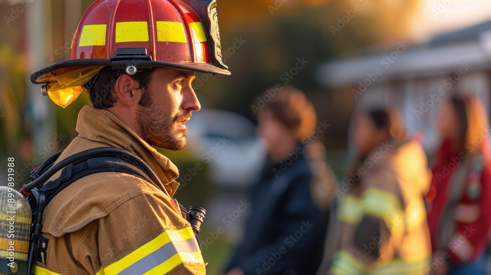 Firefighter Presenting Emergency Plans Silhouetted Against Community ...