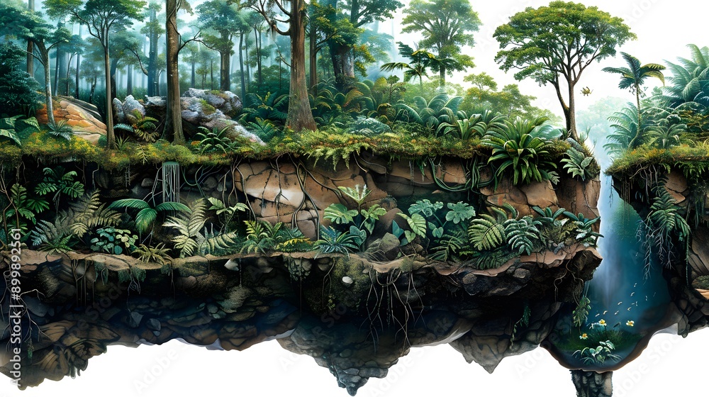 Produce a detailed cross-section illustration of a rainforest canopy ...