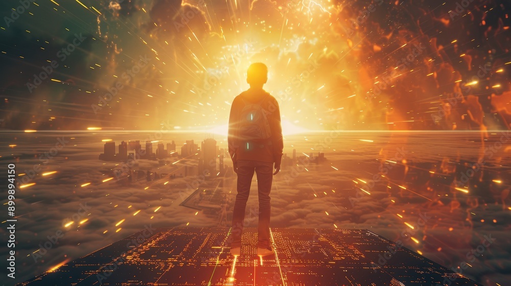 ultrawide zoomed out scene young cyberpunk developer programmer coder ...