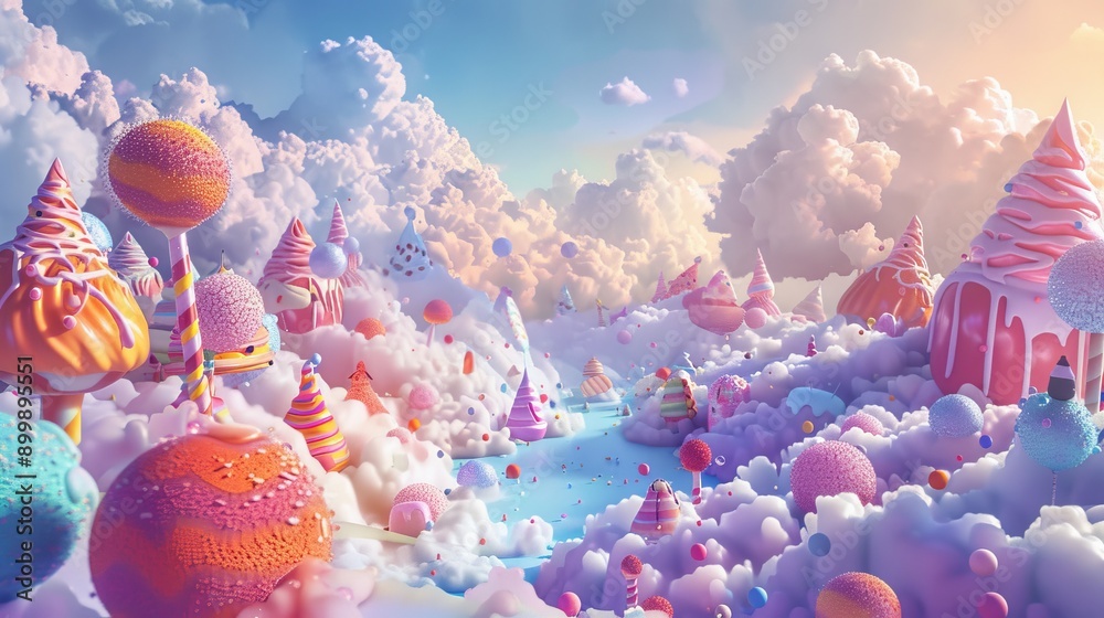 Fantasy sweet candy land game landscape background. Cute cake and ...