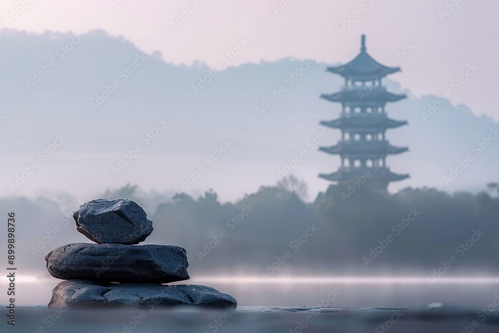 Serene Stone Stack with Pagoda in Misty Background - Peaceful image of ...