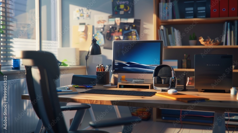 Remote work setup with home office essentials and technology, featuring ...