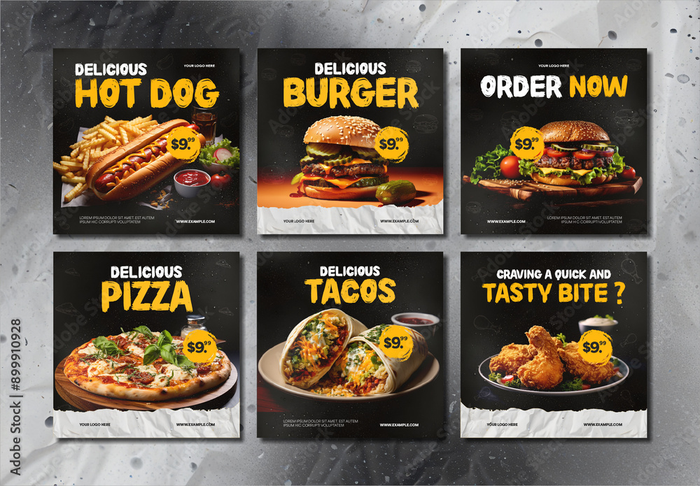 Black and Yellow Grunge Style Fast Food Social Media Post plantilla de ...