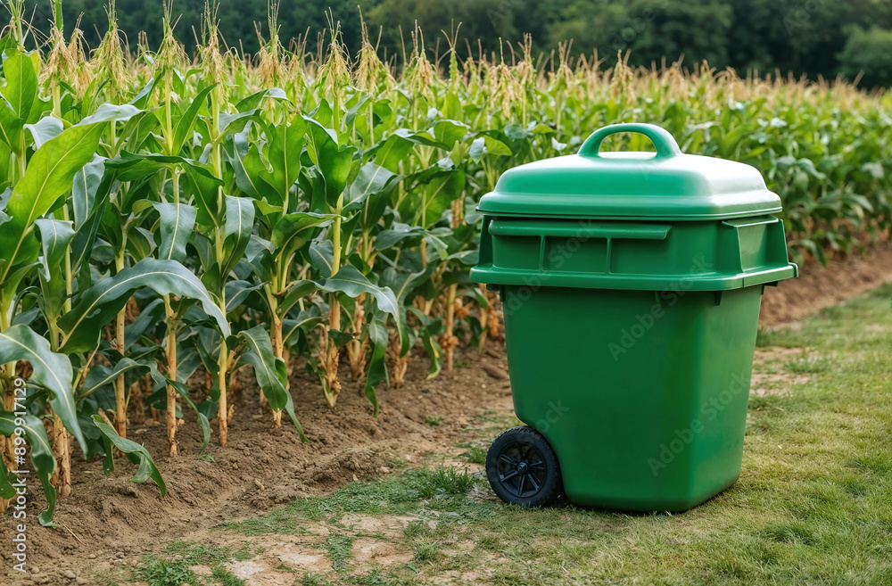 Green compost bin near organic crops on a sustainable farm ...