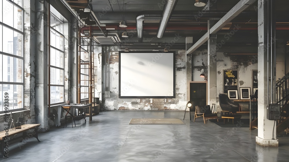 An industrial-style room with exposed pipes and large windows, creating ...