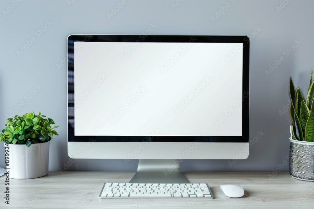Mockup of a blank computer screen on a modern office desk with plants ...