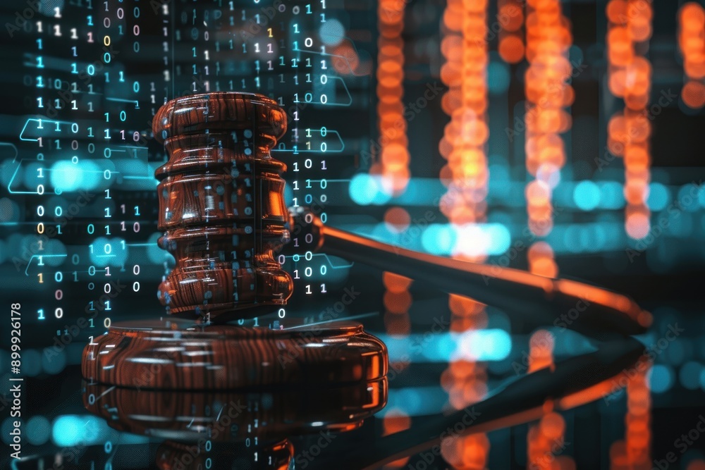 Wooden judge's gavel on a shiny surface, digital lines of code glowing ...
