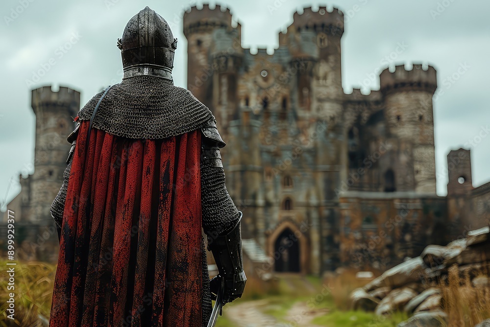 Medieval knight in steel armor against the background of castle walls ...