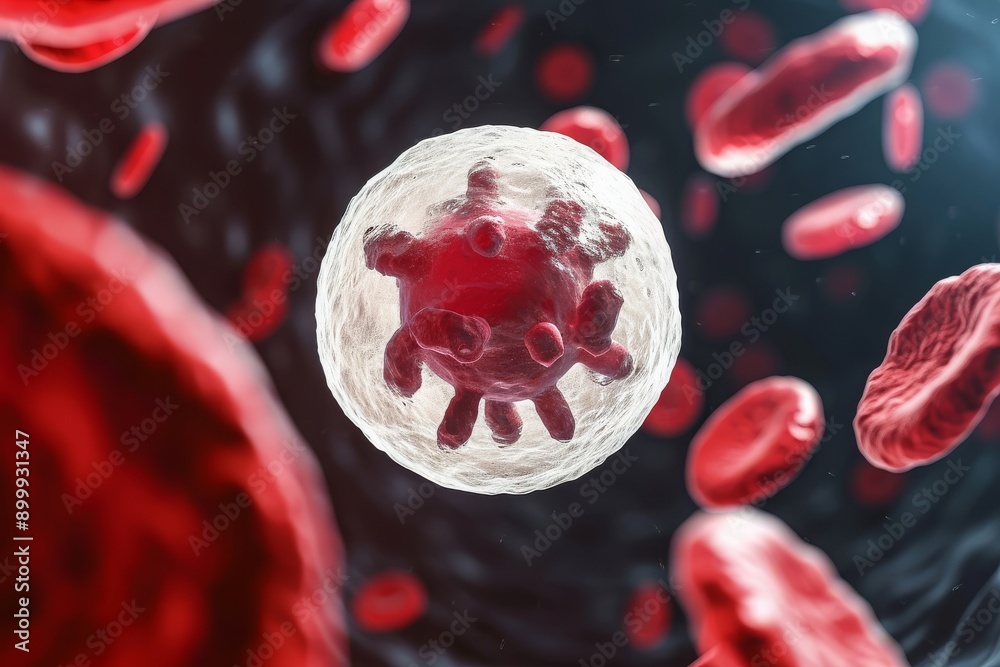 A close-up photo of red and white blood cells coursing through a blood ...