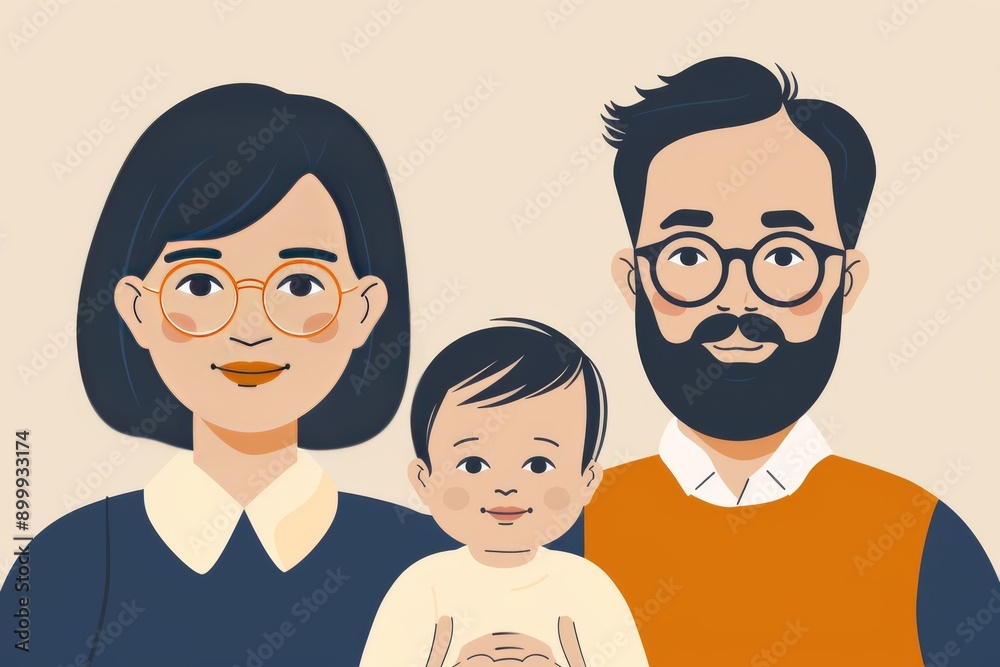 Cartoon family portrait of parents with baby modern flat design vibrant ...