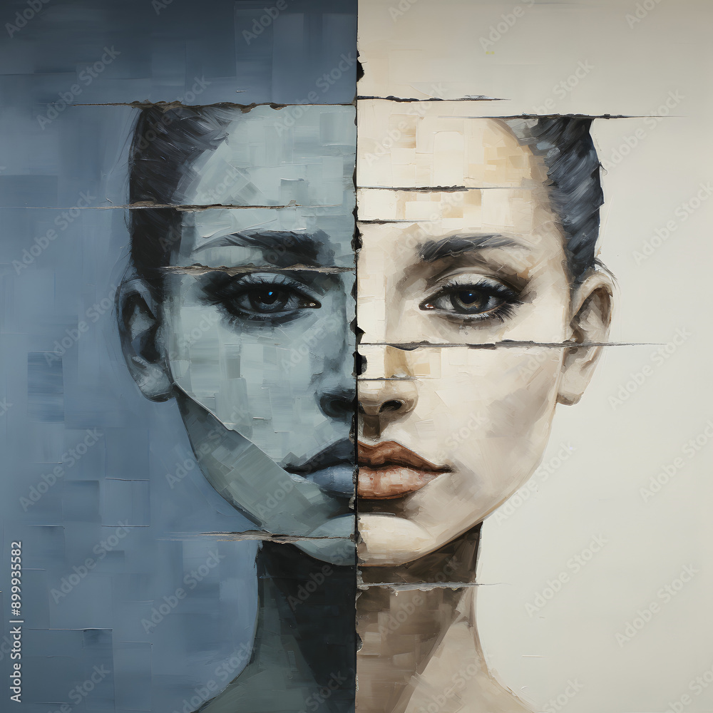 Painting of two woman face joined looking opposite represents bipolar ...