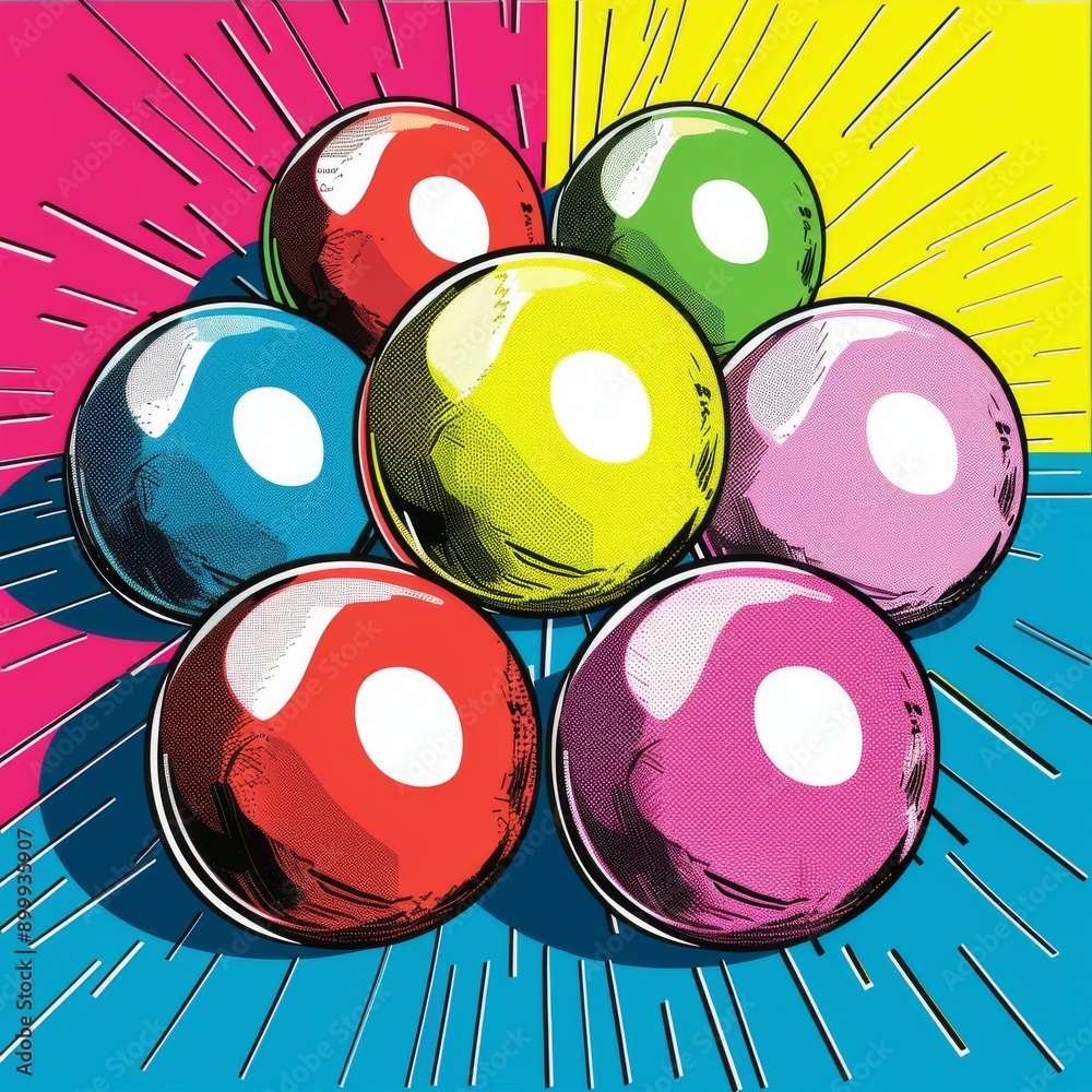 Vibrant pop art illustration featuring eight shiny billiard balls in ...