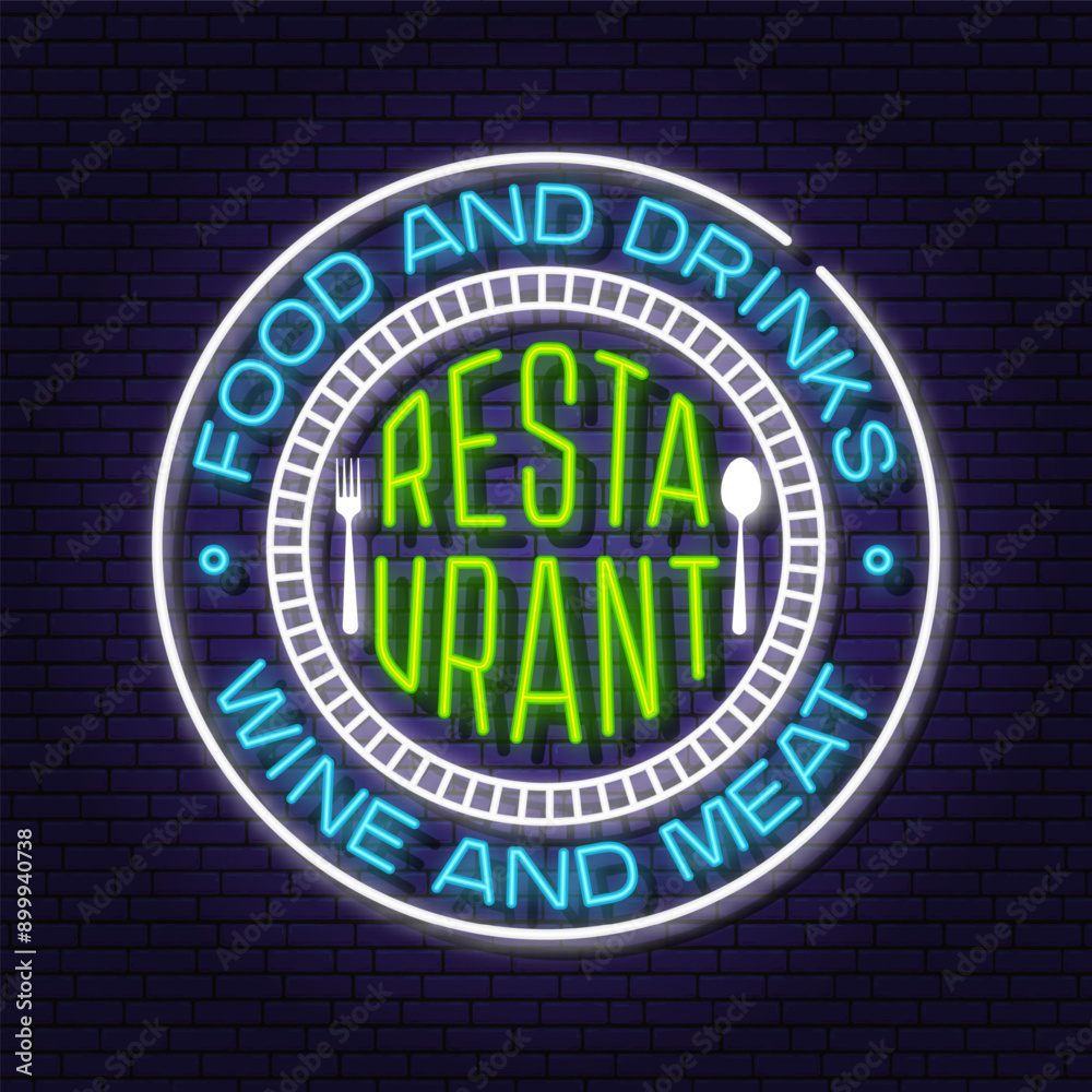 Restaurant neon sign on brick wall. Vector. Neon glowing sign with ...