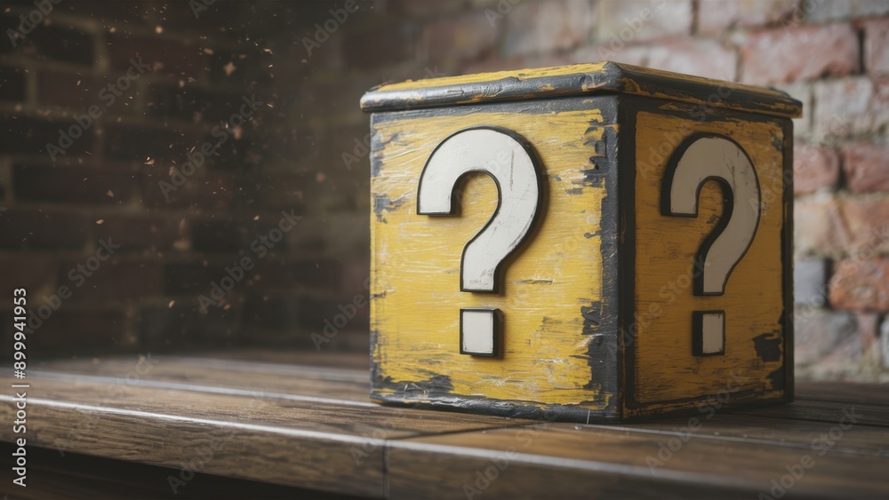 An indoor still-life photo of a small yellow box with a large white ...