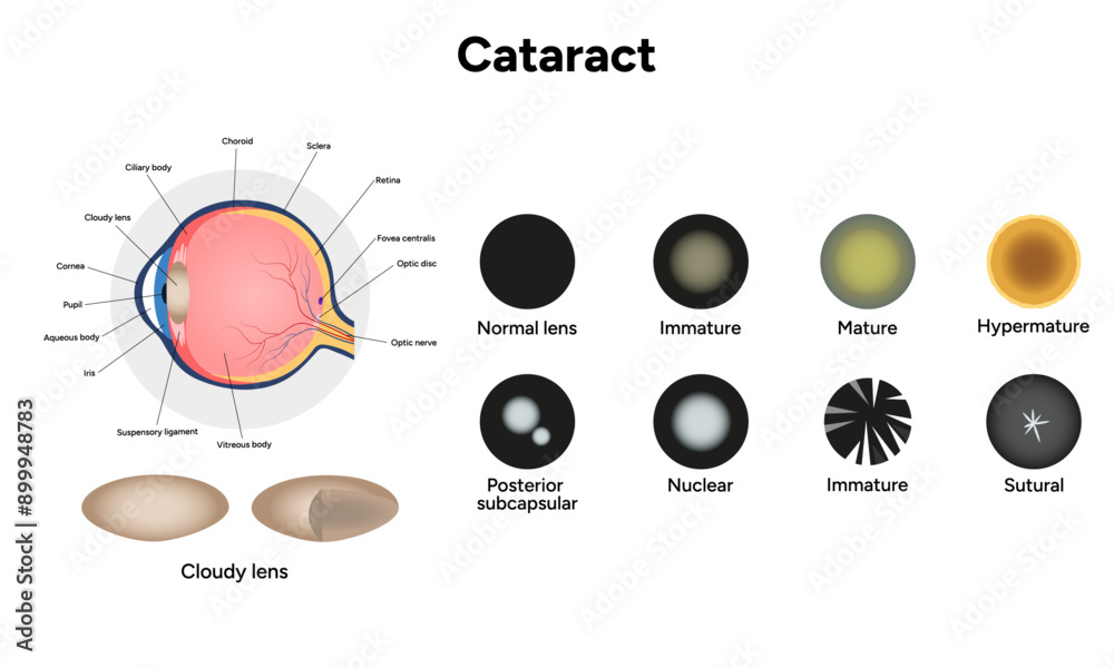Type cataracts vision disorder problem and vision human eye with cloudy ...